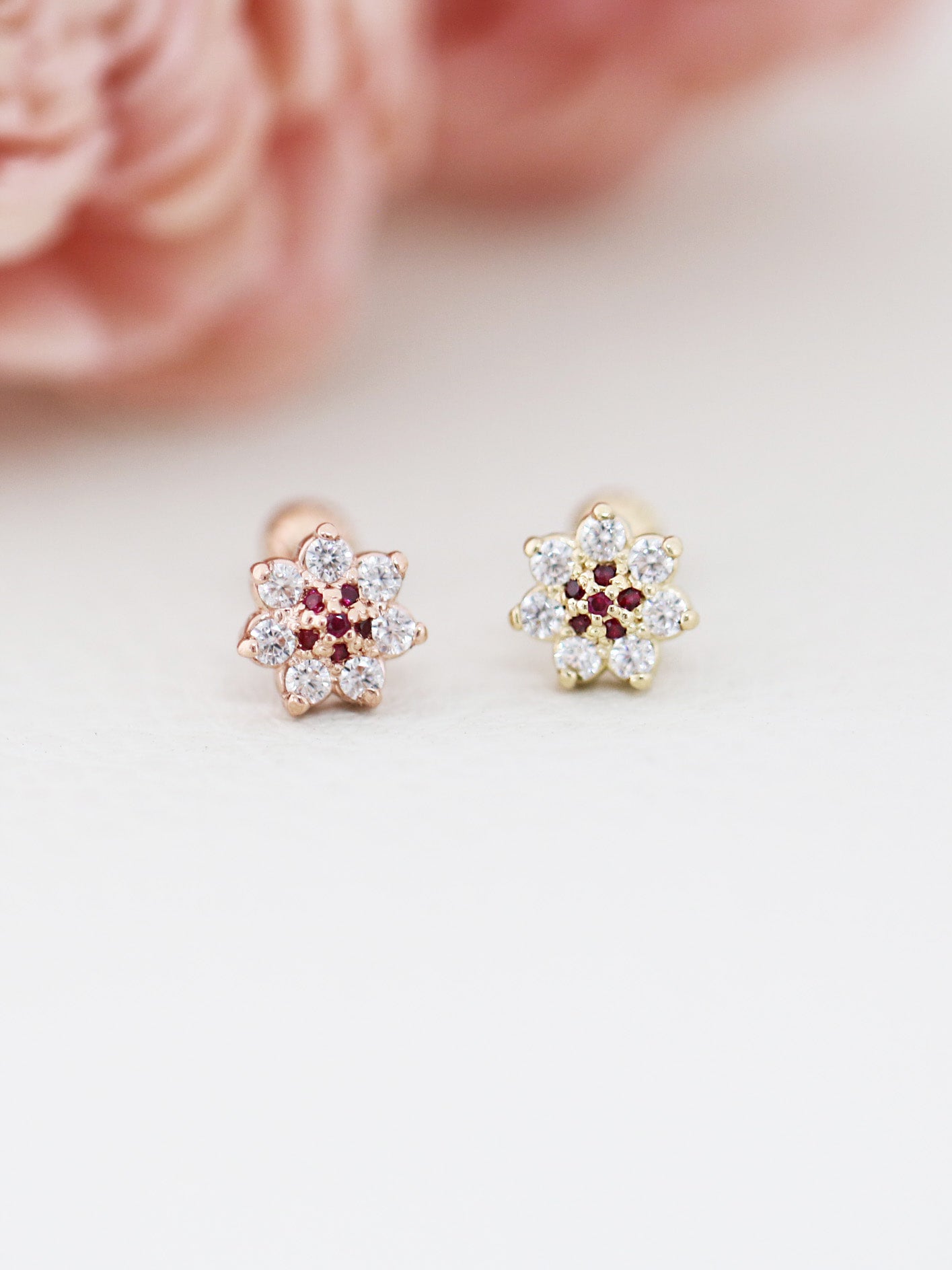 14K Gold Volume Ruby Flower Cartilage Earring 18g16g – MinimalBijoux