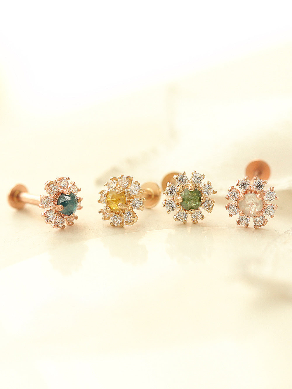 14K Gold Internally Flower Rough Diamond Labret Piercing 18G16G ...